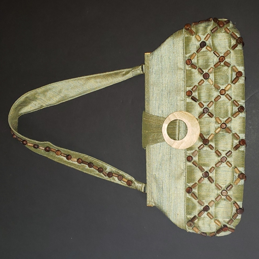 Inge Christopher Green Blue Textured Silk Wood Beaded… - Gem